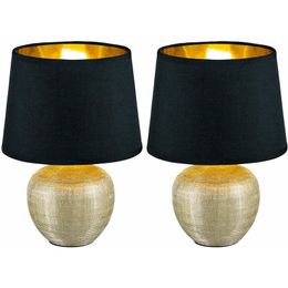 etc-shop - Tischleuchte Tischlampe Nachtlampe, Keramik Textil, Gold-Schwarz, 1x E14 Fassung, DxH 18x26 cm, Schreibischlampe Nachttischleuchte - 2er