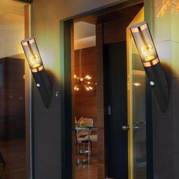 etc-shop Außenwandlampe mit Bewegungsmelder Edelstahl Wandleuchte Fackel Aussen, Kupfer schwarz Schirm rauch, 1x E27, BxH 7,6x41 cm, 2er Set