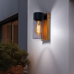 etc-shop Wandlampe Außenleuchte Terrassenlampe, Moderne Fassadenleuchte, Holzoptik, Landhaus, Edelstahl Glas, schwarz rauch, 1x E27, LxBxH 12,4x9x22,5 cm