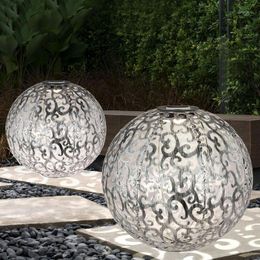 etc-shop 2er Set led Solar Kugel Steck Leuchten Dekor Stanzung Garten Außen Erdspieß Lampen silber schwarz