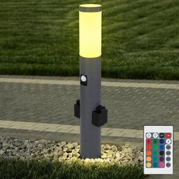 etc-shop Gartenleuchte dimmbar mit Fernbedienung Wegleuchte Außen mit Bewegungsmelder 2x Steckdose Sockelleuchte, Edelstahl Anthrazit, rgb led 8,5W 806lm