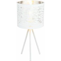etc-shop Nachttischlampe Metall chrom Schirmleuchte Muster Tischlampe in runder Form, mit weißem Gestell 3 Bein, 1x E14, DxH 17x35 cm