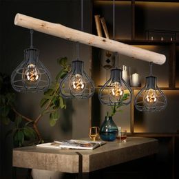 etc-shop Pendelleuchte Holzlampe 4 flammig Käfig Lampenschirm Hängelampe Wohnzimmerlampe, Metall Holz, schwarz braun, 4x E27 Fassungen, LxBxH 90x18x120 cm