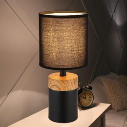 etc-shop Tischlampe Wohnzimmer Tischleuchte holzoptik Nachttischlampe schwarz mit Textilschirm, Metall Stoff, 1x E14 Fassung, DxH 14x29 cm