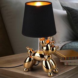 etc-shop Tischleuchte Keramik Gold Tischlampe Nachttischlampe im Hunde Design für Ihren Wohnraum, Metall, 1 Flammig 1x E14, BxH 17x33 cm