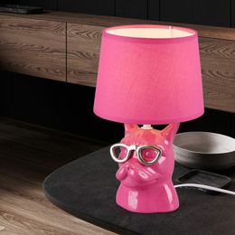 etc-shop Tischleuchte Tischlampe Leuchte Nachttischlampe Keramik für Schlafzimmer Esszimmerlampe Modern, Hund mit Brille pink, Textil, 1x E14 Fassung, DxH
