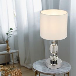 etc-shop Nachttischlampe Kristallglas Tischleuchte Glasfuss Tischlampe Wohnzimmer chrom, Textil weiß, 1x E14 Fassung, DxH 15x34 cm