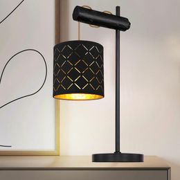 etc-shop Tischlampe Nachttischleuchte schwarz gold Tischleuchte höhenverstellbar Leseleuchte Holzlampe, mit Dekorstanzungen, Metall Textil, 1x E27, LxH 26 x