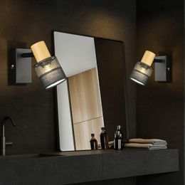 etc-shop Wandleuchte Wohnzimmerlampe Holzlampe Wandlampe mit beweglichem Spot, Metall Textil, schwarz, 1x E14 Fassung, LxBxH 10x13,5x17 cm, 2er Set