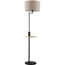 Stehlampe Zinia, schwarz, Ablage, USB-Anschluss - Schwarz matt, beige, holz hell - LINDBY