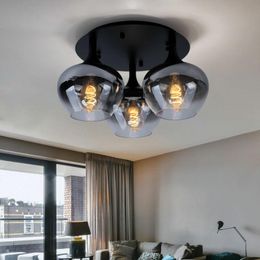 etc-shop - Deckenlampe Rauchglas Wohnzimmerleuchte Deckenleuchte rund Glaskugel Schlafzimmer, Metall schwarz, 3x E27, DxH 45x25,5 cm