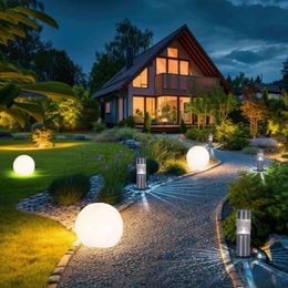 etc-shop Solarkugel Außenlampe mit Erdspieß led Gartenlampe Solarleuchte Gartendeko Kugellampe, Edelstahl Kunststoff silber weiß, warmweiß, 7er Set