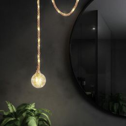 Globo - led deko Pendelleuchte Hängelampe Deckenleuchte Wohnzimmerlampe Hanfseil Glas-Amber, 2 Watt 18 lm 2500 k warmweiß, h 160 cm