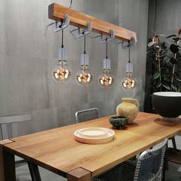 Globo Hängeleuchte Holz Esstisch Lampe Küche hängend Retro Deckenleuchte Vintage Pendelleuchte 4 flammig, Schraubzwinge Metall verzinkt, E27, LxH 85 x 120