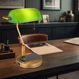 Globo Schreibtischleuchte Bankerlampe Tischlampe altmessing Glas grün Leseleuchte, kabelloses Laden usb Anschluss, Zugschalter, 1x E27, LxH 26,5x36 cm