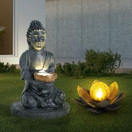 Globo Aussen Solarleuchte Buddha Feng Shui Außen Solarblume Lotusblume Solar Crackle Glas, grau, led Leuchtmittel, 1x Lotus 1x Buddha, 2er Set