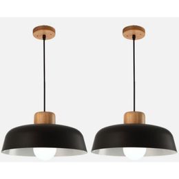 2 Stücke Innenbereich Hängeleuchte Retro Industriell Pendelleuchte Metall Holz Schwarz Kronleuchter Lampenschirm