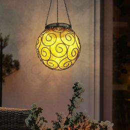 etc-shop Solarlampe Hängeleuchte Gartendeko led Terrassenleuchte rund Außenleuchte Pendellampe im Kugeldesign, Metallverzierungen schwarz amber, DxH 14,5x37 cm