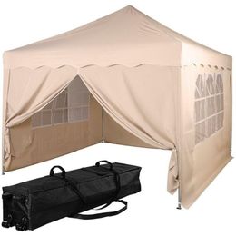 INSTENT® Pavillon - 3x3, mit 2 Seitenteilen, UV Schutz, Faltbar, Höhenverstellbar, Wasserdicht, Stahl, PVC Plane, Beige - Pop Up Faltpavillon,