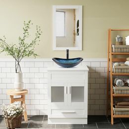 Badezimmer Badmöbel Set Waschtischunterschrank Weiß Badezimmerschrank mit Waschbecken, Badezimmerspiegel und Wasserhahn Set - Weiß, blau - Puluomis