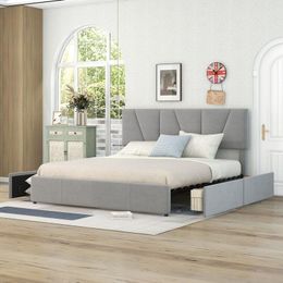 Doppelbett, Polsterbett, Kingsize Polster Plattform Bett mit vier Schubladen auf zwei Seiten, Verstellbares Kopfteil, Grau(160200cm) Okwish 160×200cm