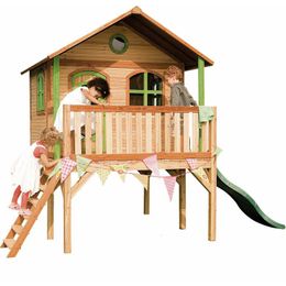 AXI - Spielhaus Sophie mit grüner Rutsche Stelzenhaus in Braun & Grün aus fsc Holz für Kinder Spielturm mit Wellenrutsche für den Garten - Grün