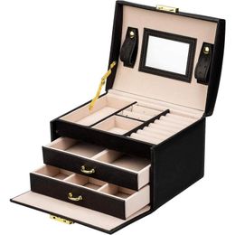 3 Ebenen Schmuckschatulle, Schmuckkoffer mit 2 Schubladen, pu Aufbewahrungsbox mit Spiegel für Ringe Ohrringe Halsketten und Armbänder, Schwarz