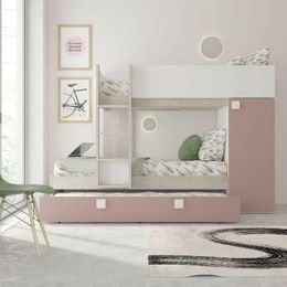 Klettern Etagenbett für zwei Kinder mit ausziehbarem Bett und Kleiderschrank Farbe weiß abgenutzt und antik rosa