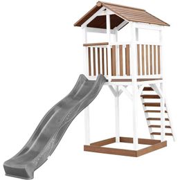 Beach Tower Spielturm aus Holz in Braun & Weiß Spielhaus für Kinder mit grauer Rutsche und Sandkasten Stelzenhaus für den Garten - Braun - AXI