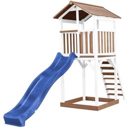 Beach Tower Spielturm aus Holz in Braun & Weiß Spielhaus für Kinder mit blauer Rutsche und Sandkasten Stelzenhaus für den Garten - Braun - AXI