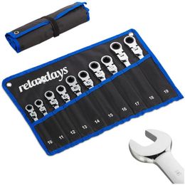 Schraubenschlüssel Set 10-teilig, Maul- & Ringschlüssel mit Ratsche & Gelenk, 10-19 mm, mit Tasche, schwarz - Relaxdays