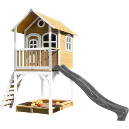 AXI - Spielhaus Sarah mit Sandkasten & grauer Rutsche Stelzenhaus in Braun & Weiß aus fsc Holz für Kinder Spielturm mit Wellenrutsche für den Garten