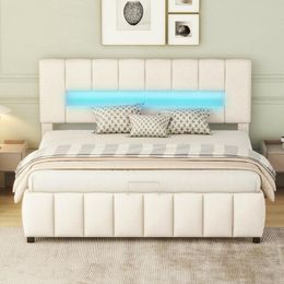 Gepolstertes Doppelbett, 180 x 200 cm, mit LED-Beleuchtung und Stauraum, hellbraun