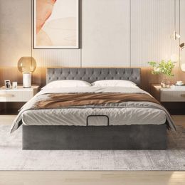 Betten mit Stauraum 180 x 200 cm Polsterbett mit Lattenrost in Samtstoff mit Holzsockel Doppelbett Grau - Grau
