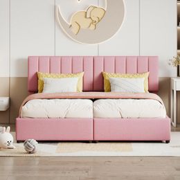 Gepolstertes Doppelbett, hydraulisches Stauraumbett, Leinen, rosa, 180x200 cm