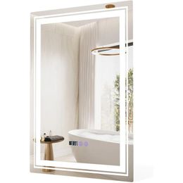 Goplus - Badspiegel mit Beleuchtung, Badezimmerspiegel mit 3 Lichtfarben & Beschlagfrei, beleuchteter Wandspiegel mit Uhr & Temperatur &