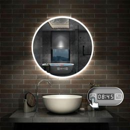 AICA SANITAIRE - led Badspiegel Rund Spiegel mit Beleuchtung Badspiegel Badezimmerspiegel Touch Schalter + 3 Farbe Dimmbar + Uhr + Antibeschlage +