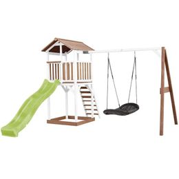 AXI Beach Tower Spielturm aus Holz in Braun & Weiß Spielhaus für Kinder mit hellgrüner Rutsche, RoxyRoxy Nestschaukel und Sandkasten Stelzenhaus für den