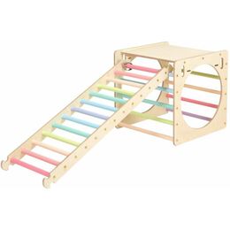 Activity Cube / Holzwürfel aus Holz mit Leiter Pastellfarben Indoor Klettergerüst für Kinder Montessori Spielzeug - Braun - Katehaa