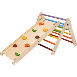 KateHaa Kletterdreieck aus Holz mit Kletterwand / Rutsche Regenbogenfarben Indoor Klettergerüst für Kinder Montessori Spielzeug - Braun