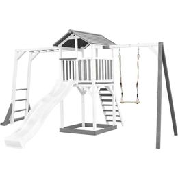 AXI - Beach Tower Spielturm aus Holz in Weiß & Grau Spielhaus für Kinder mit weißer Rutsche, Klettergerüst, Schaukel und Sandkasten Stelzenhaus für
