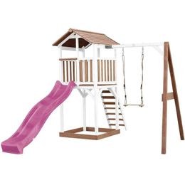 Beach Tower Spielturm aus Holz in Braun & Weiß Spielhaus für Kinder mit lila Rutsche, Schaukel und Sandkasten Stelzenhaus für den Garten - Braun - AXI