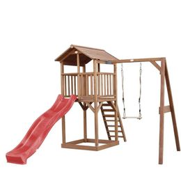 Beach Tower Spielturm aus Holz in Braun Spielhaus für Kinder mit roter Rutsche, Schaukel und Sandkasten Stelzenhaus für den Garten - Braun - AXI