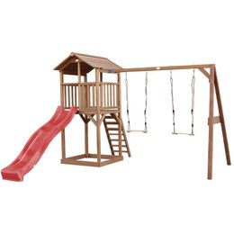 Beach Tower Spielturm aus Holz in Braun Spielhaus für Kinder mit roter Rutsche, Doppelschaukel und Sandkasten Stelzenhaus für den Garten - Braun - AXI