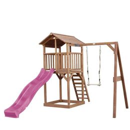 Beach Tower Spielturm aus Holz in Braun Spielhaus für Kinder mit lila Rutsche, Schaukel und Sandkasten Stelzenhaus für den Garten - Braun - AXI