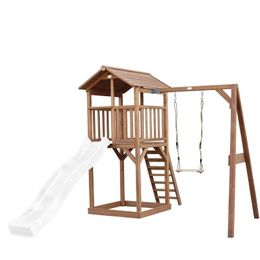 AXI Beach Tower Spielturm aus Holz in Braun Spielhaus für Kinder mit weißer Rutsche, Schaukel und Sandkasten Stelzenhaus für den Garten - Braun