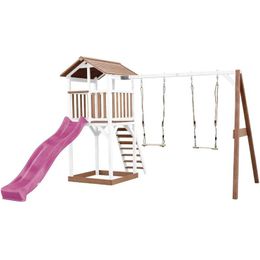 AXI Beach Tower Spielturm aus Holz in Braun & Weiß Spielhaus für Kinder mit lila Rutsche, Doppelschaukel und Sandkasten Stelzenhaus für den Garten