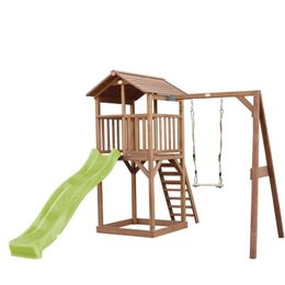 Beach Tower Spielturm aus Holz in Braun Spielhaus für Kinder mit hellgrüner Rutsche, Schaukel und Sandkasten Stelzenhaus für den Garten - Braun - AXI
