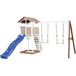 AXI - Beach Tower Spielturm aus Holz in Braun & Weiß Spielhaus für Kinder mit blauer Rutsche, Doppelschaukel und Sandkasten Stelzenhaus für den