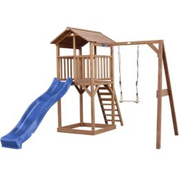 Beach Tower Spielturm aus Holz in Braun Spielhaus für Kinder mit blauer Rutsche, Schaukel und Sandkasten Stelzenhaus für den Garten - Braun - AXI